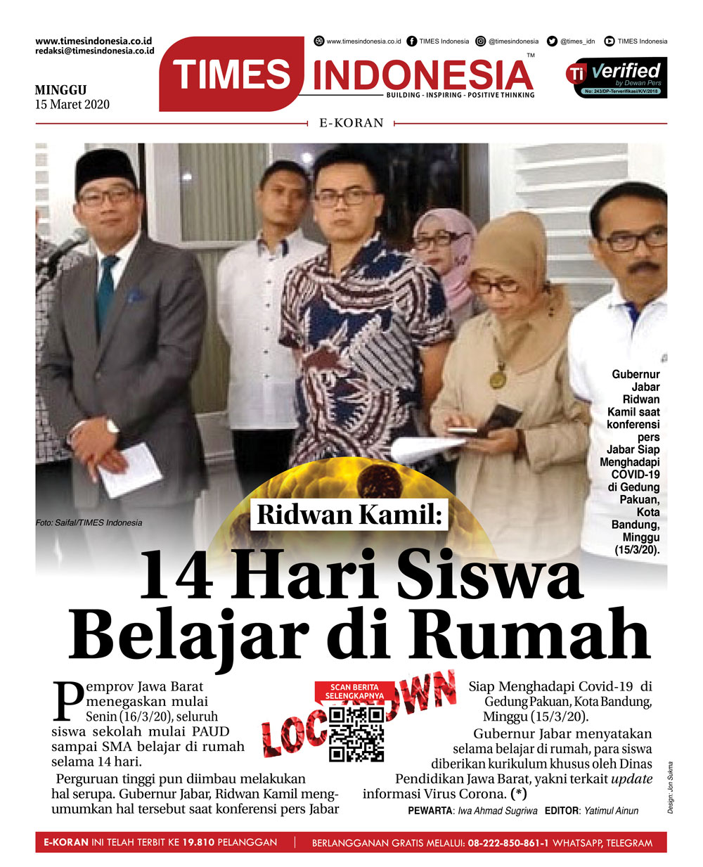 Edisi Minggu, 15 Maret 2020: E-Koran, Bacaan Positif Masyarakat 5.0 - TIMES Indonesia