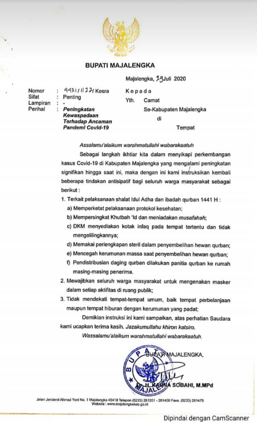 Sambut Idul Adha, Ini Surat Edaran Protokol Kesehatan Bupati Majalengka - TIMES Indonesia