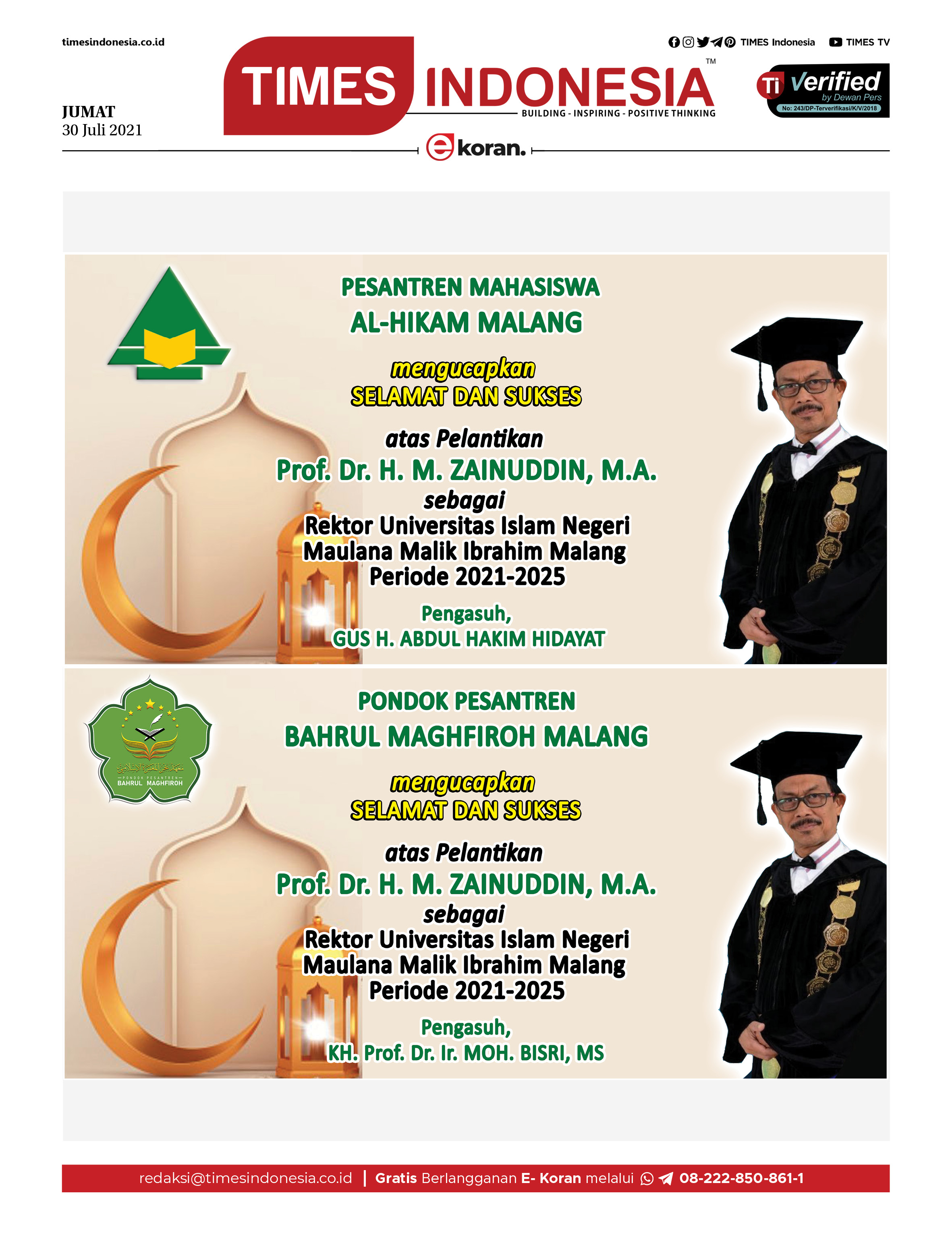 Edisi Khusus Ucapan Jumat, 30 Juli 2021: E-Koran, Bacaan Positif Masyarakat 5.0 - TIMES Indonesia